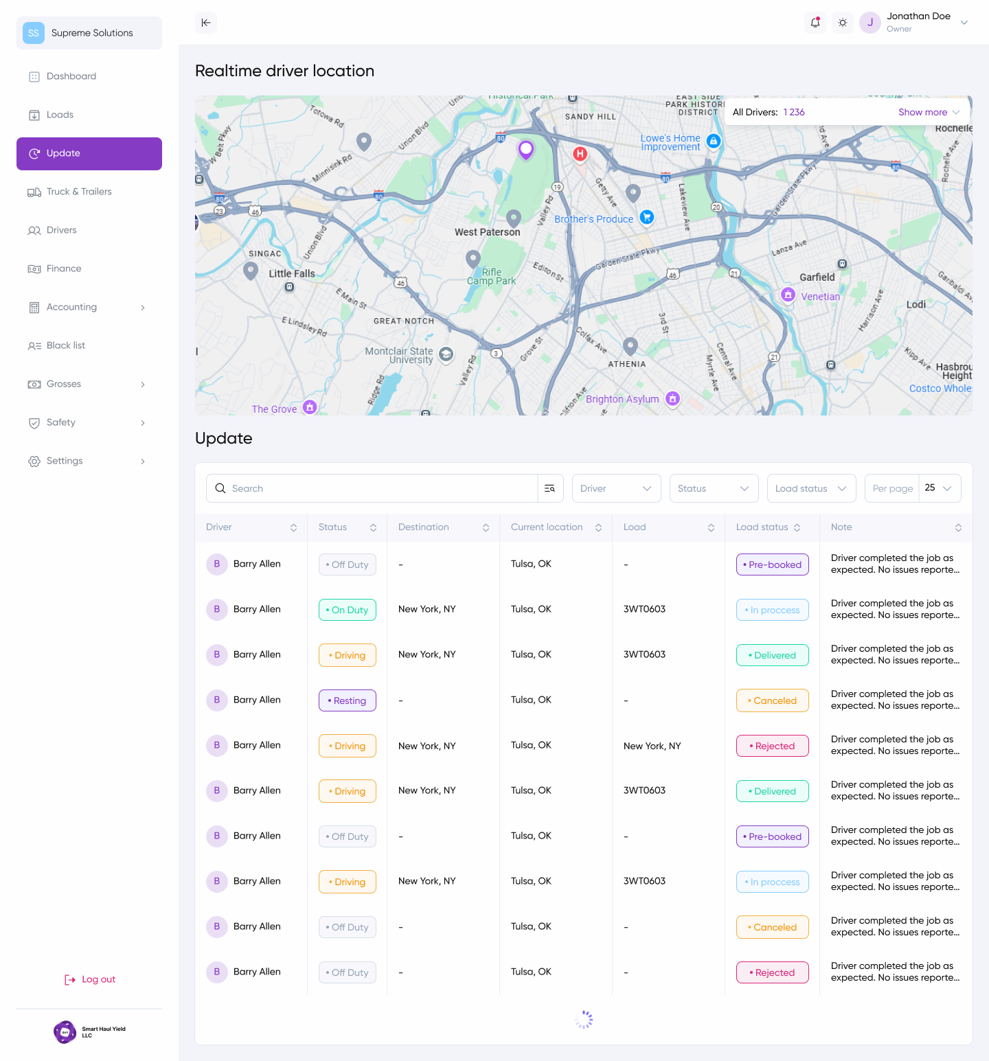 Real-time driver location tracking interface